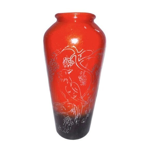 Accents | Vintage Asian Art Glass Vase Glaze Flower And Bird Tree Crane ...